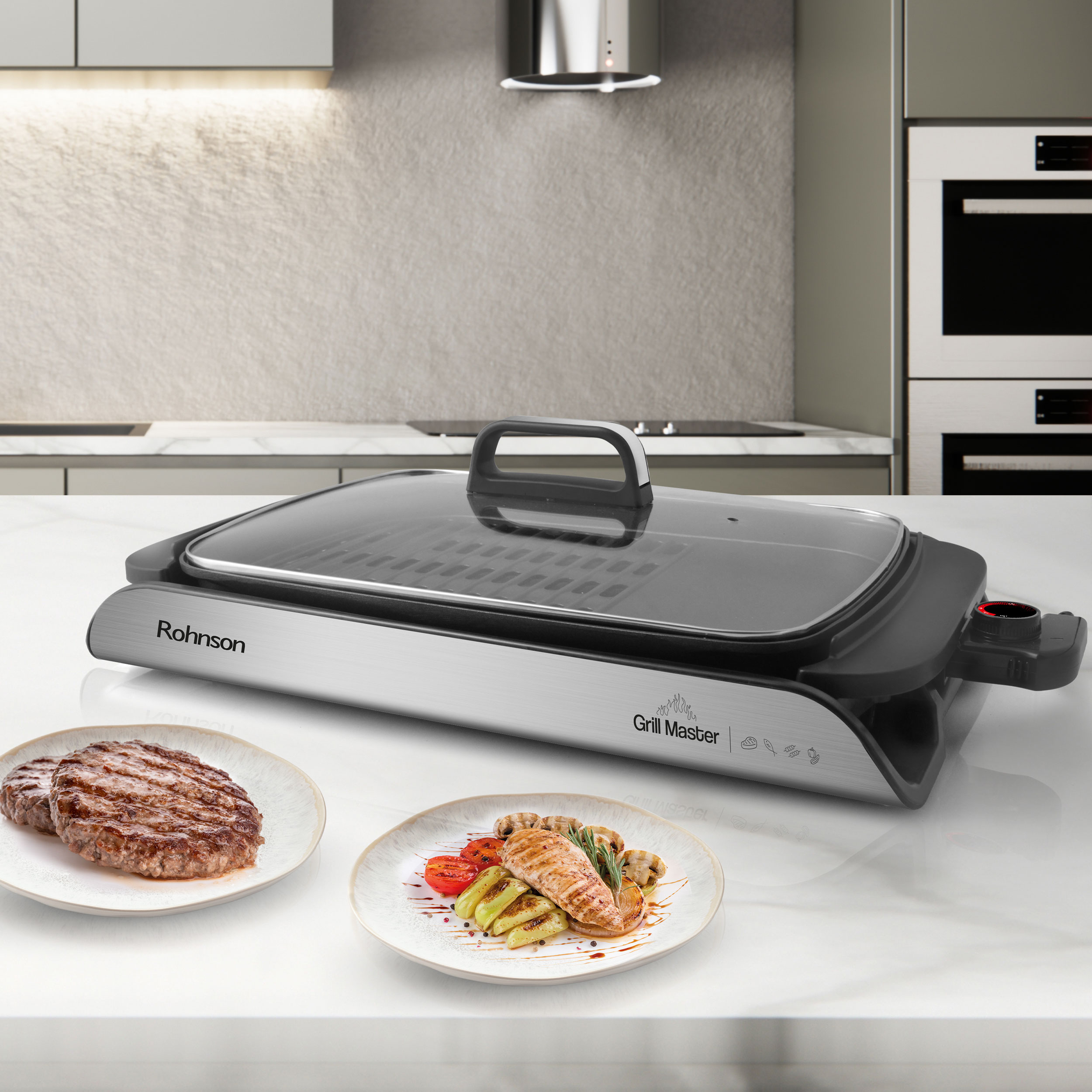 Gratar electric cu capac, Rohnson R2528 Grill Master, 2000W, 30 x 40 cm ...