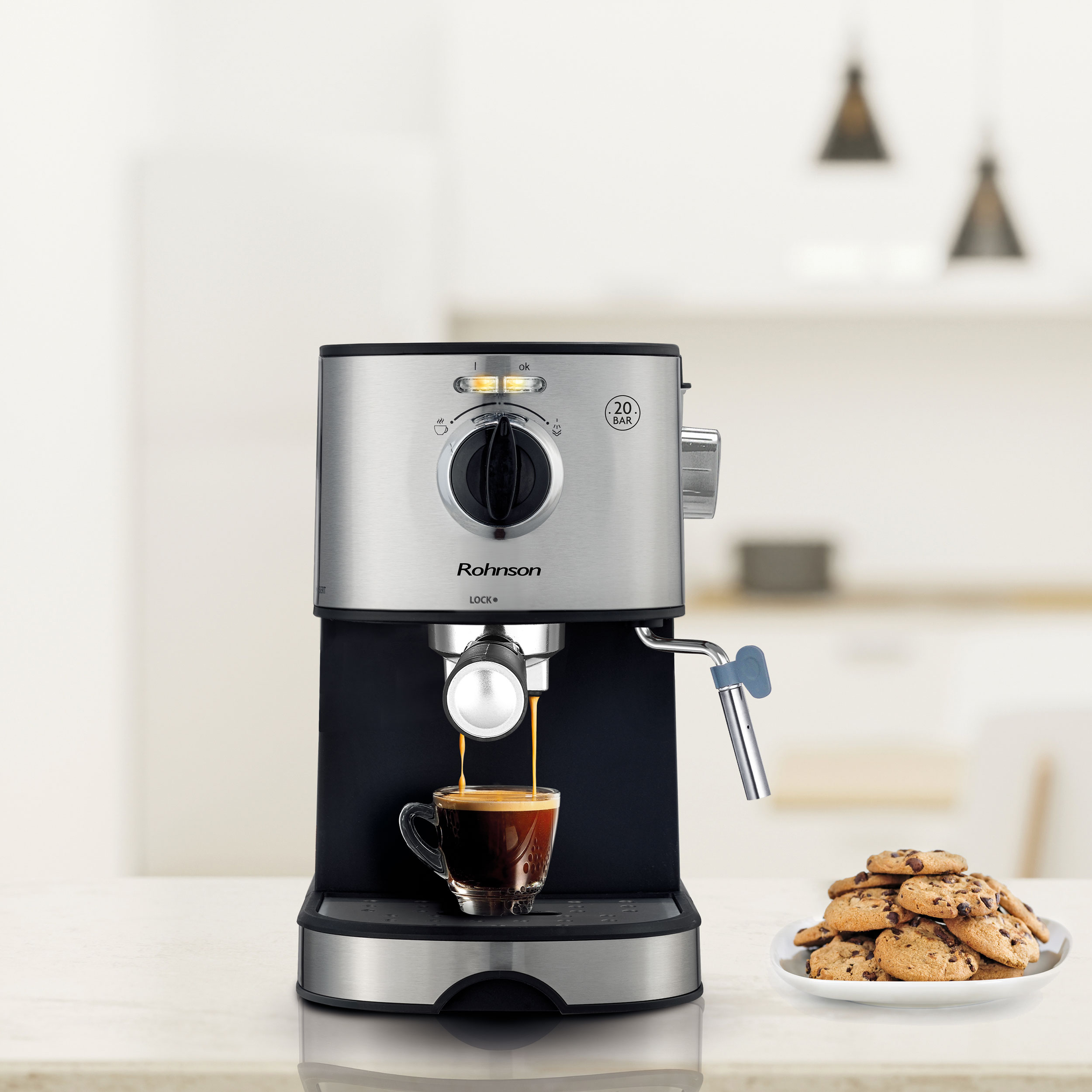 Espressor manual Rohnson R98022, 20 bari, 850 W, 1 L, oprire automata ...
